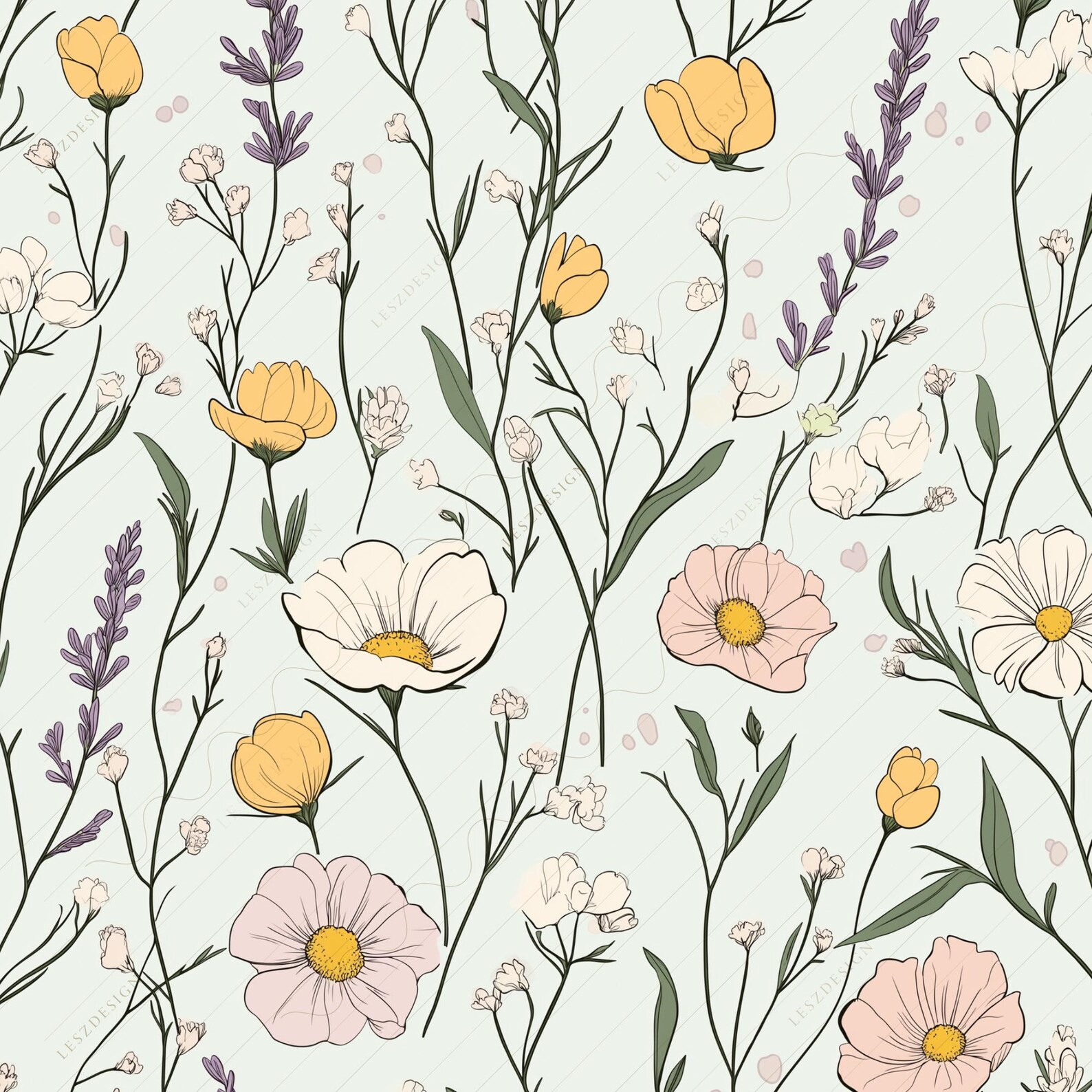 Lime Cream Floral Seamless Pattern Vintage Flowers Spring Floral Repeat ...
