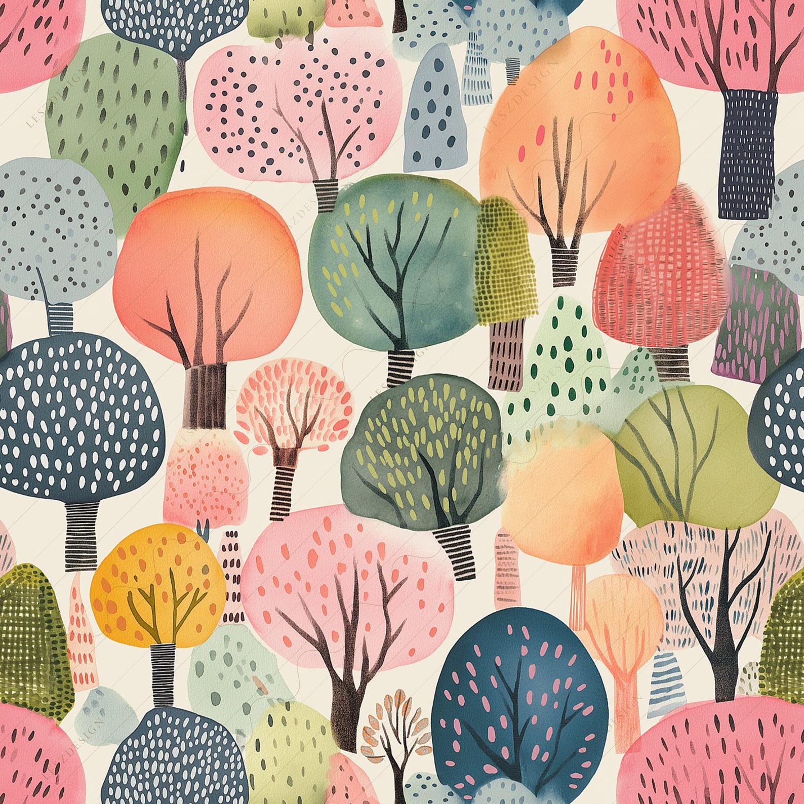Colorful Woodland Tree Seamless Pattern: Boho Forest Design (JPEG File ...
