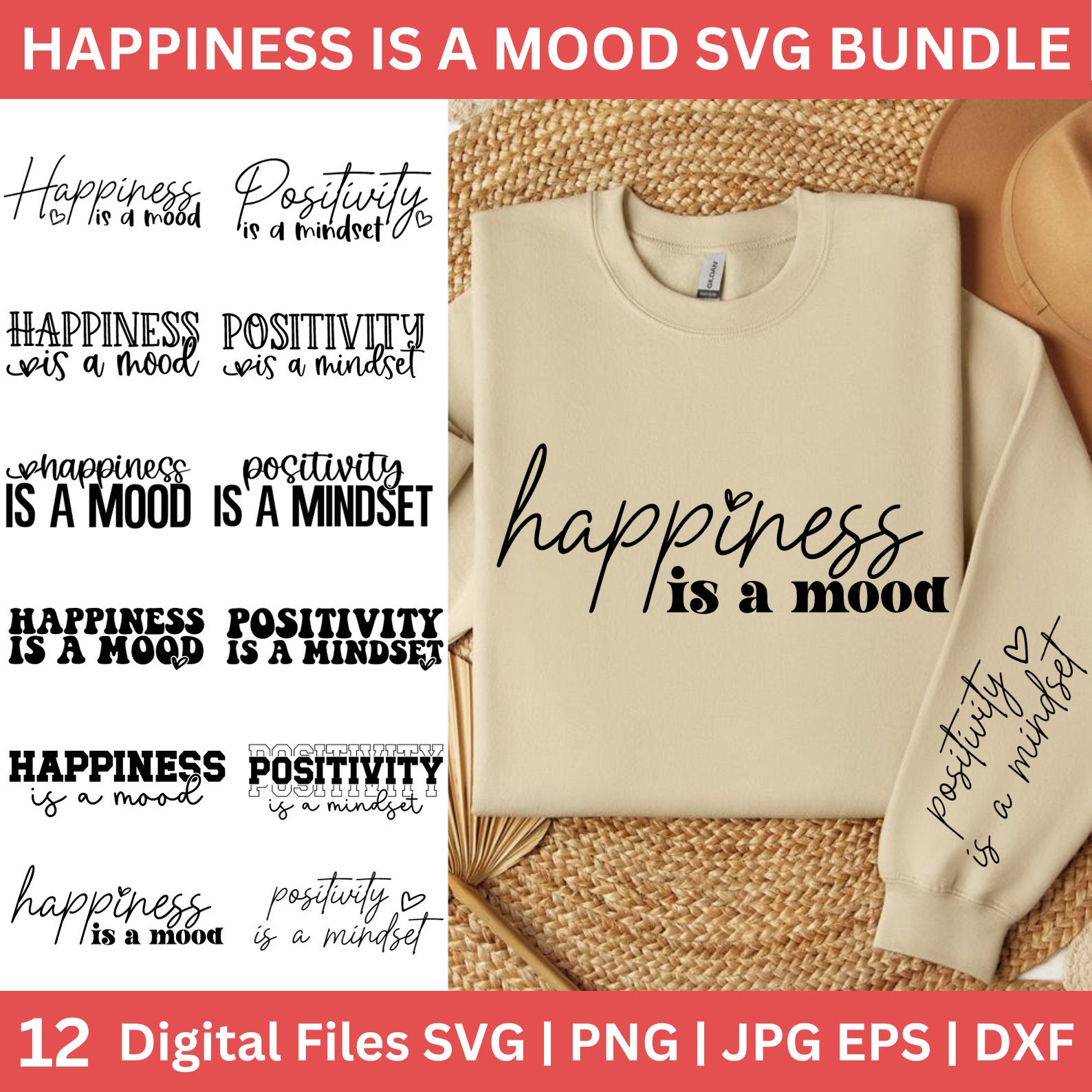 Happiness is a Mood SVG Bundle, Positivity is a Mindset Svg, Positivity ...