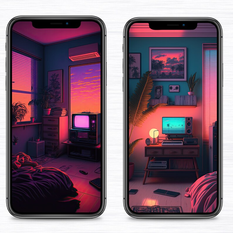 Set of 5 Lo-fi, Synthwave Bedroom Kawaii Aesthetic Mobile Wallpaper ...