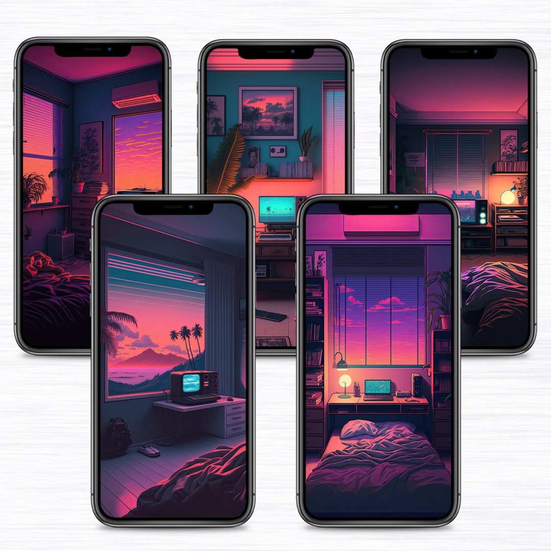 Set of 5 Lo-fi, Synthwave Bedroom Kawaii Aesthetic Mobile Wallpaper ...
