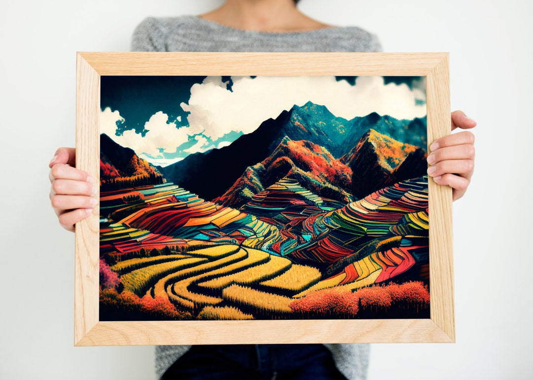 Rice Field Painting A | Nature Art | Mountain Art | Printable Wall Art ...