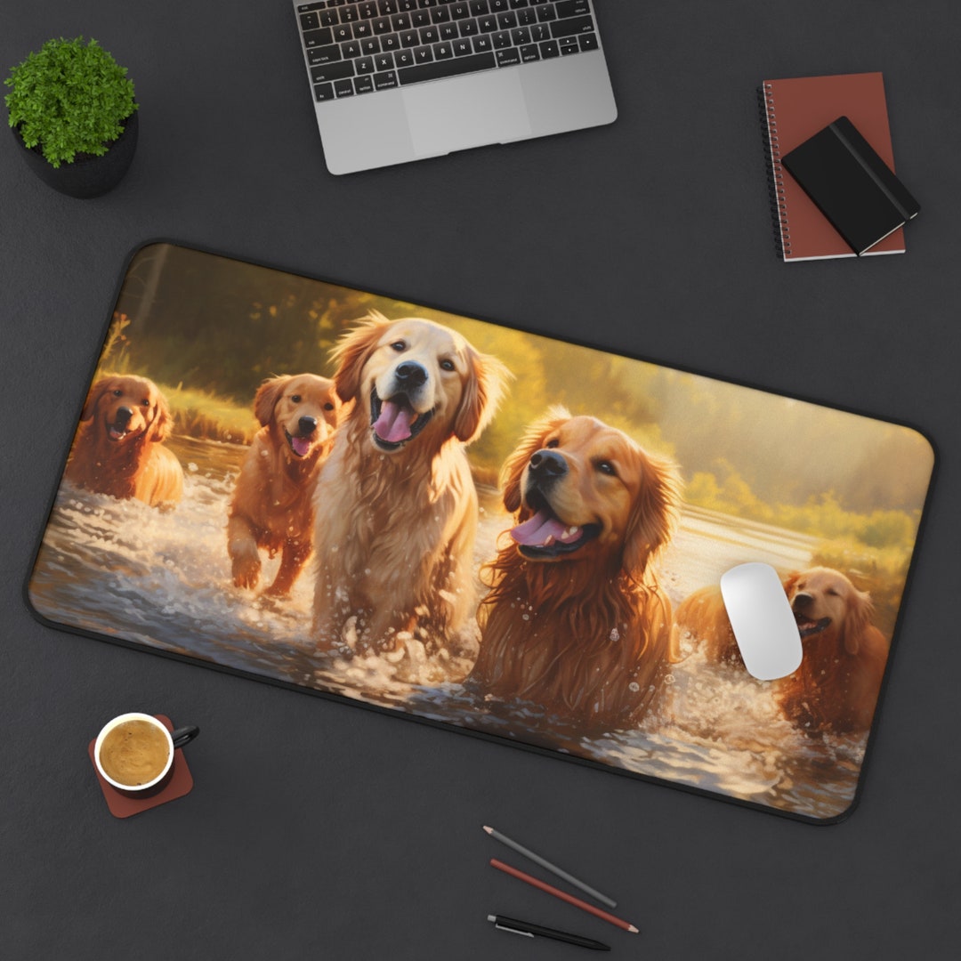 Golden Retrievers Desk Mat, Frolicking Goldens Desk Mat, Rectangular ...