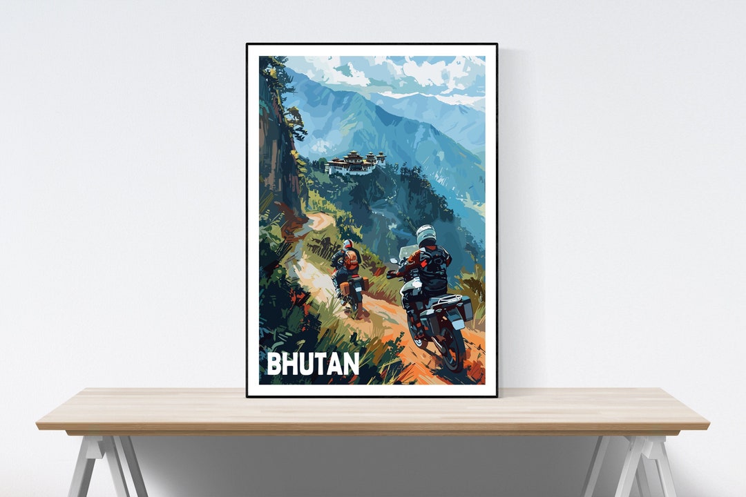 Bhutan Travel Poster, Motorbike Trip Tour, Bhutan Illustration, Bhutan ...