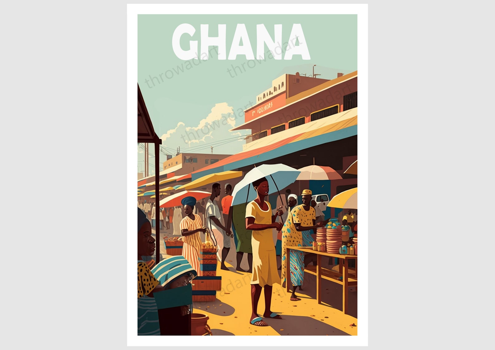 Ghana Travel Poster, Ghana Travel Print, Market Scene, West Africa ...
