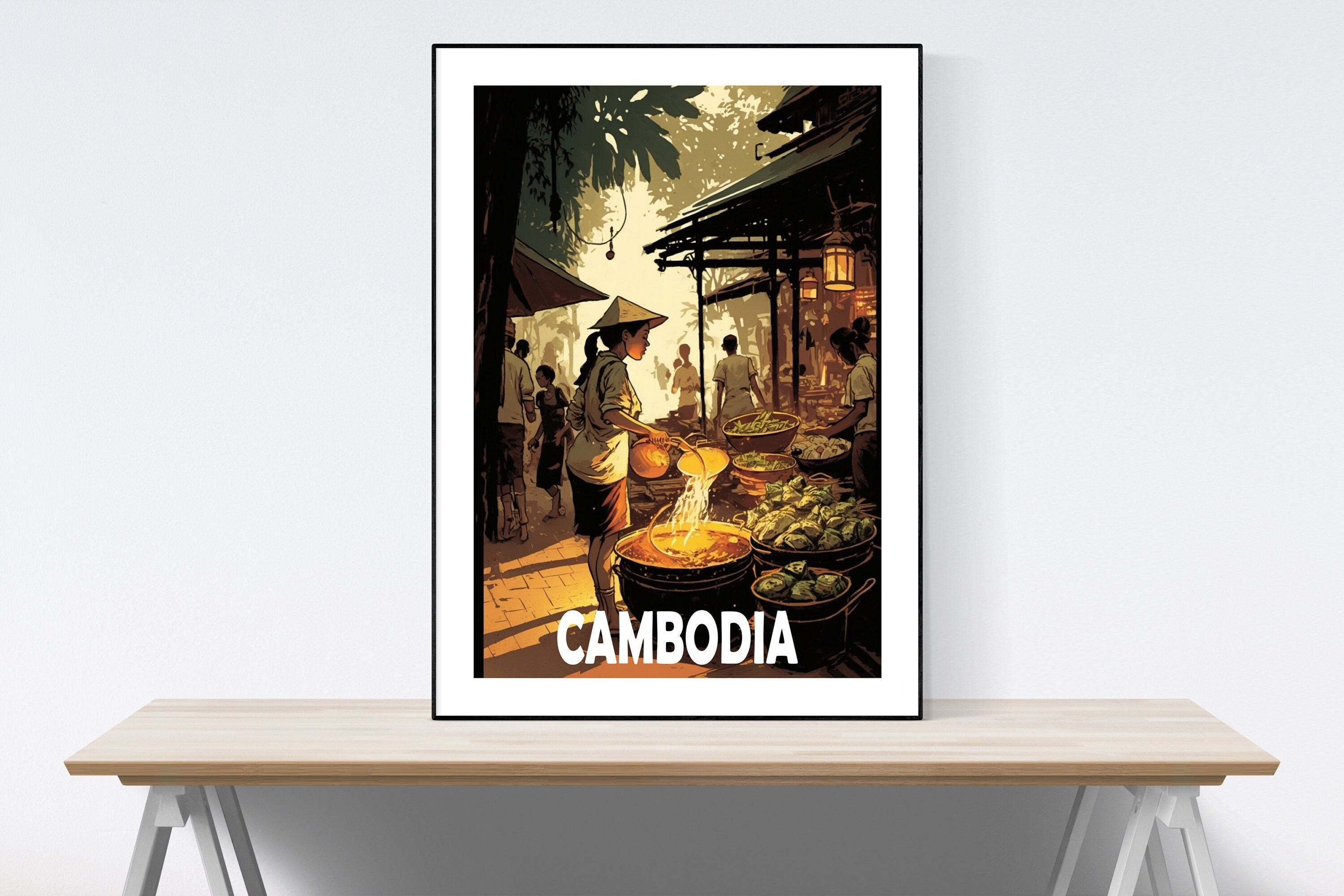 Cambodia Travel Poster, Street Food Travel Print, Market Scene Vintage ...