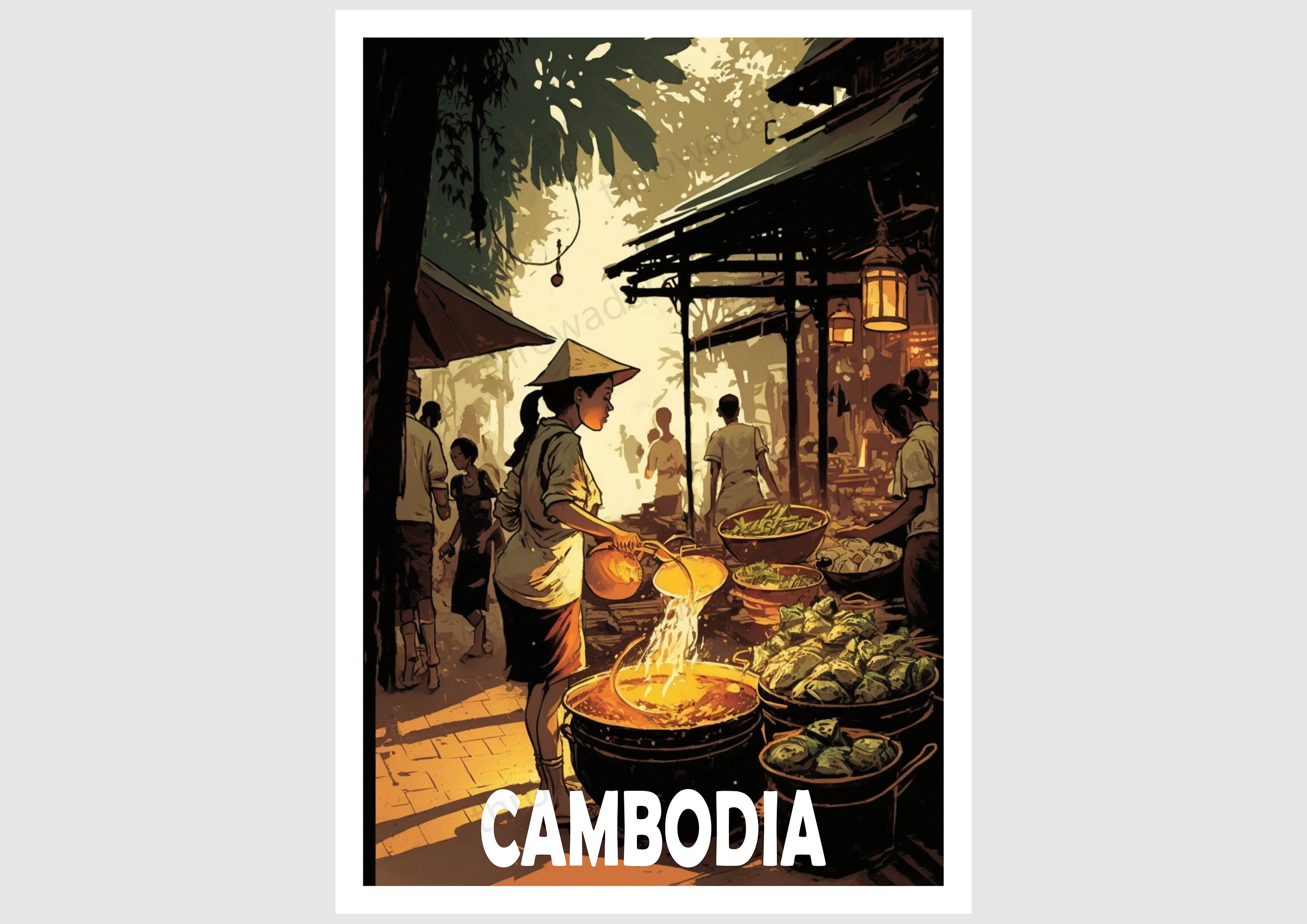 Cambodia Travel Poster, Street Food Travel Print, Market Scene Vintage ...