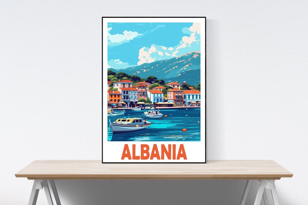 Albania Travel Poster, Albania Sea Landscape Travel Print, Boats ...