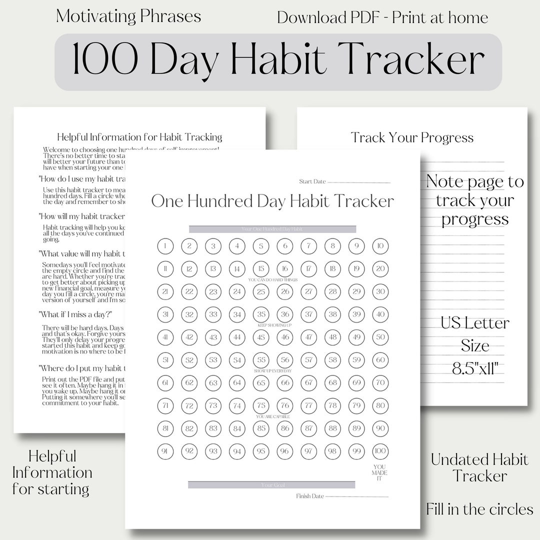 100 Day Undated Habit Tracker, Track Your Progress, Printable, Self ...