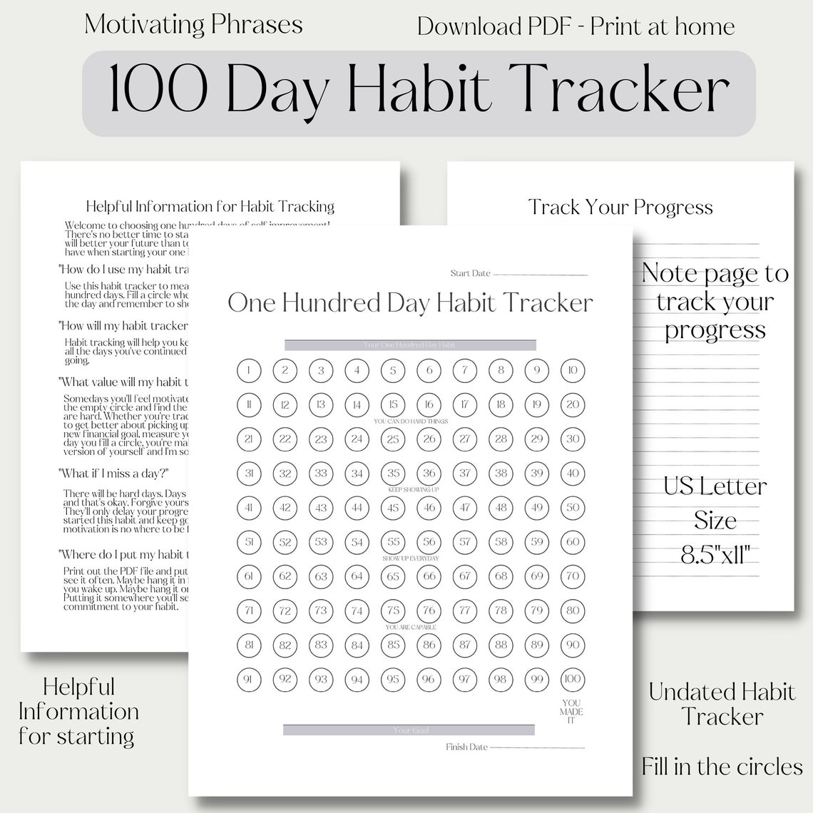 100 Day Undated Habit Tracker, Track Your Progress, Printable, Self ...