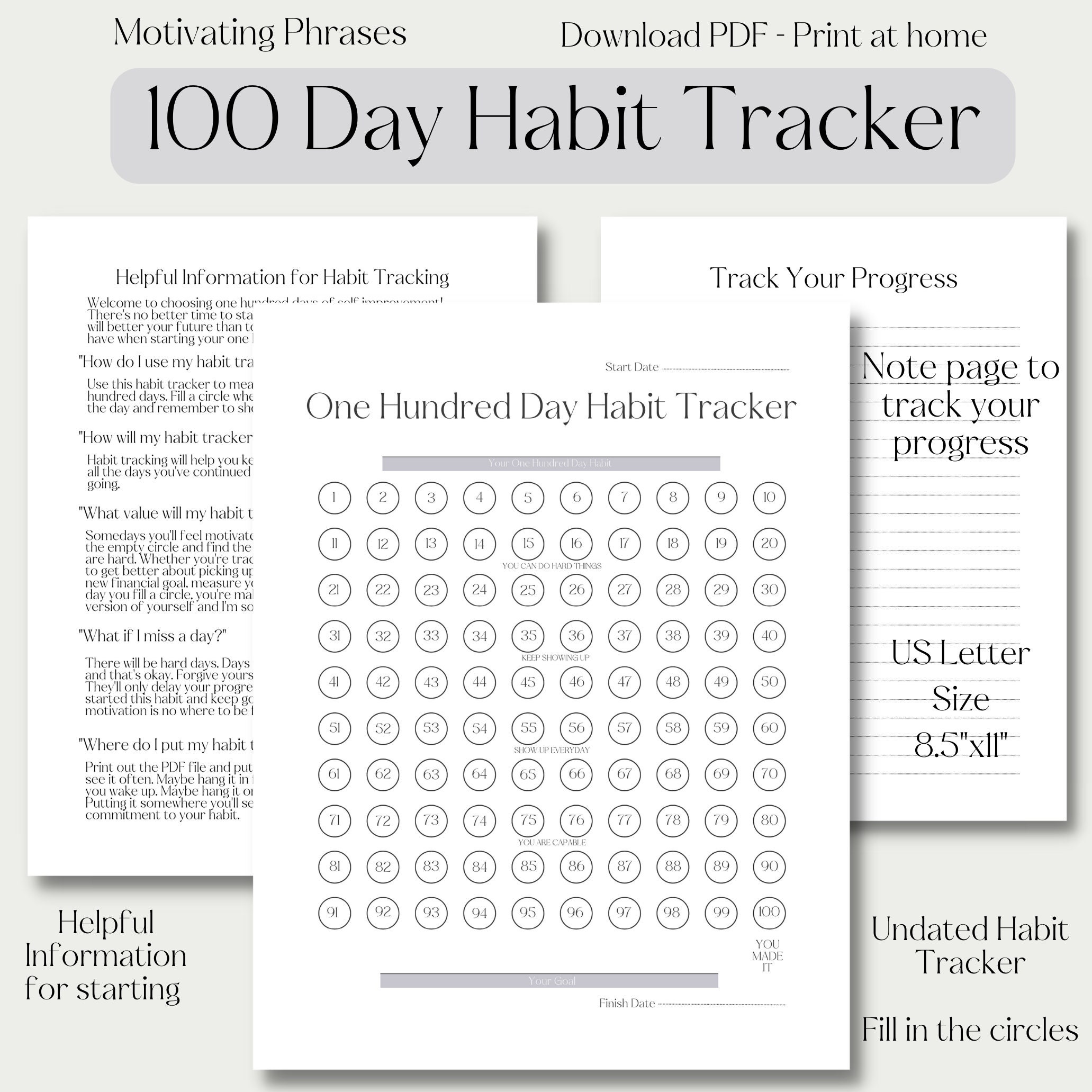 100 Day Undated Habit Tracker, Track Your Progress, Printable, Self ...