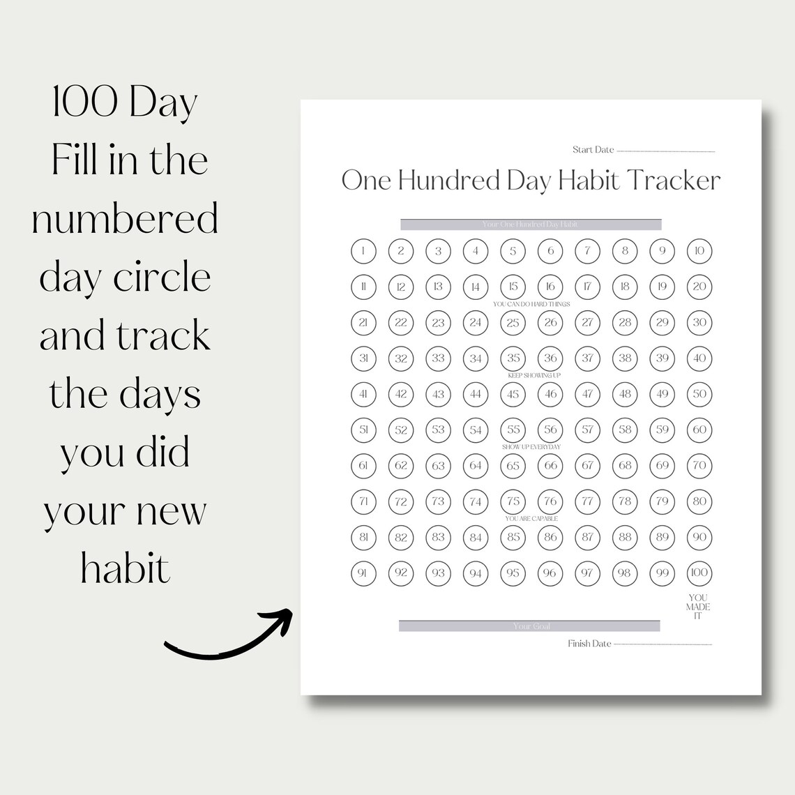 100 Day Undated Habit Tracker, Track Your Progress, Printable, Self ...