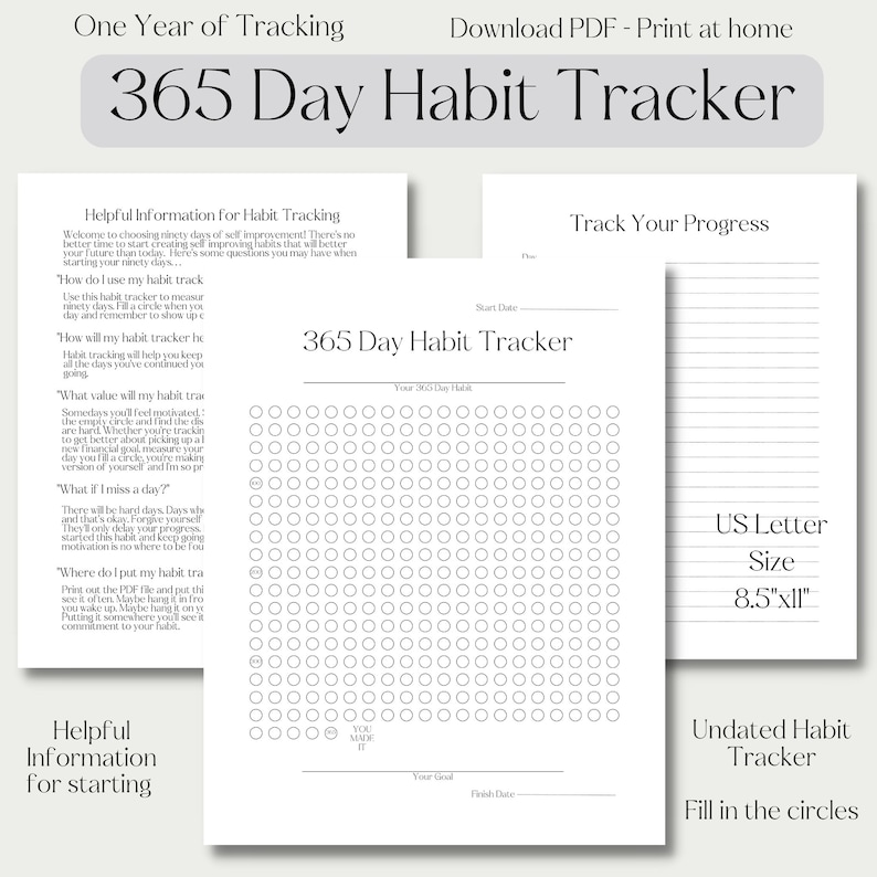 365 Day Undated Habit Tracker, Track Your Progress, Printable, Self ...