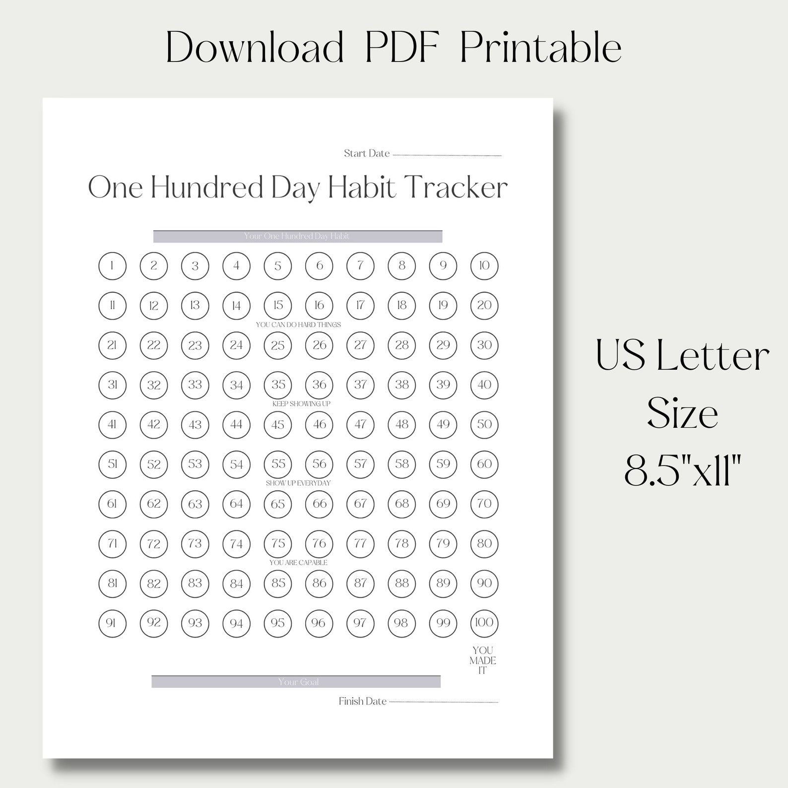 100 Day Undated Habit Tracker, Track Your Progress, Printable, Self ...