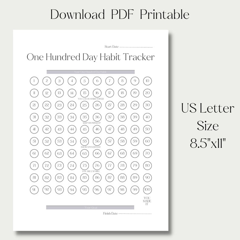 100 Day Undated Habit Tracker, Track Your Progress, Printable, Self ...