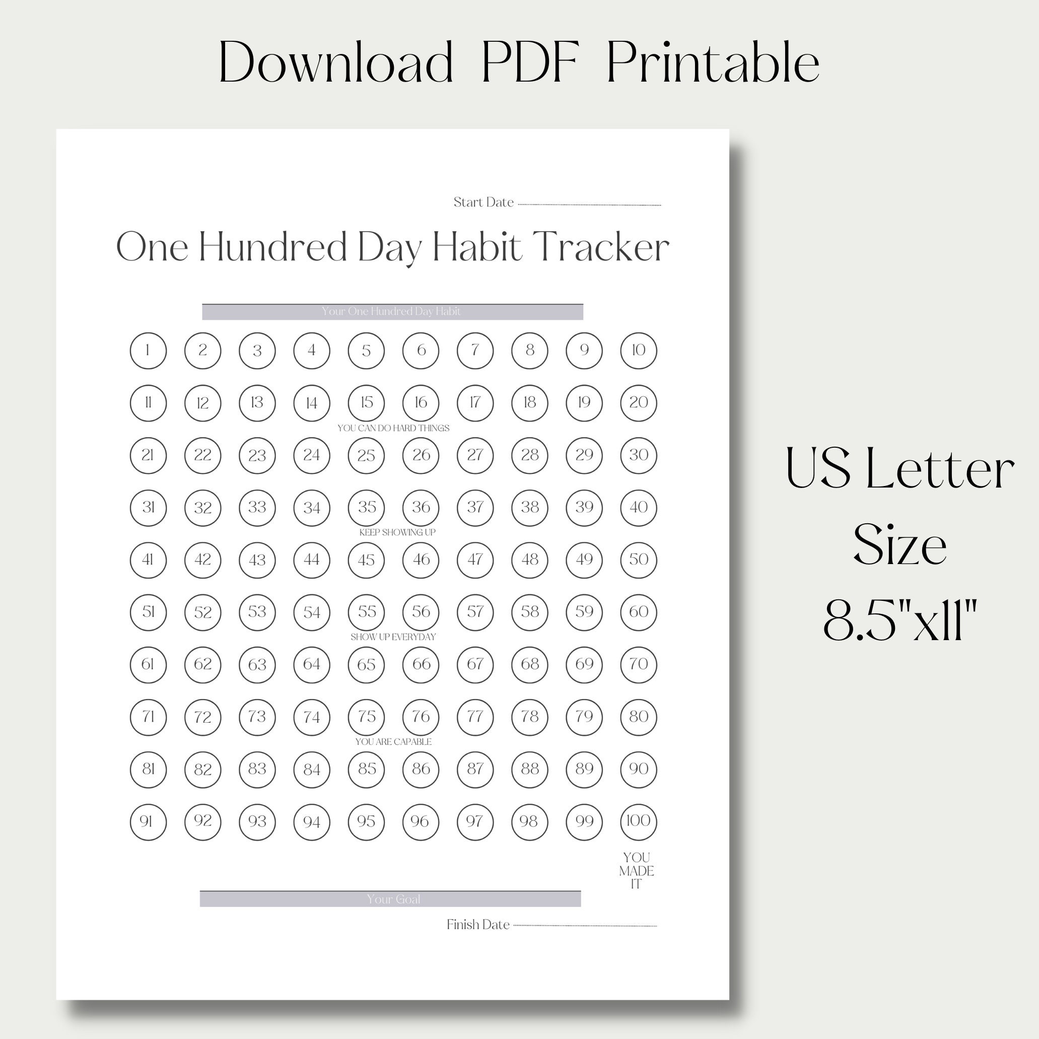 100 Day Undated Habit Tracker, Track Your Progress, Printable, Self ...