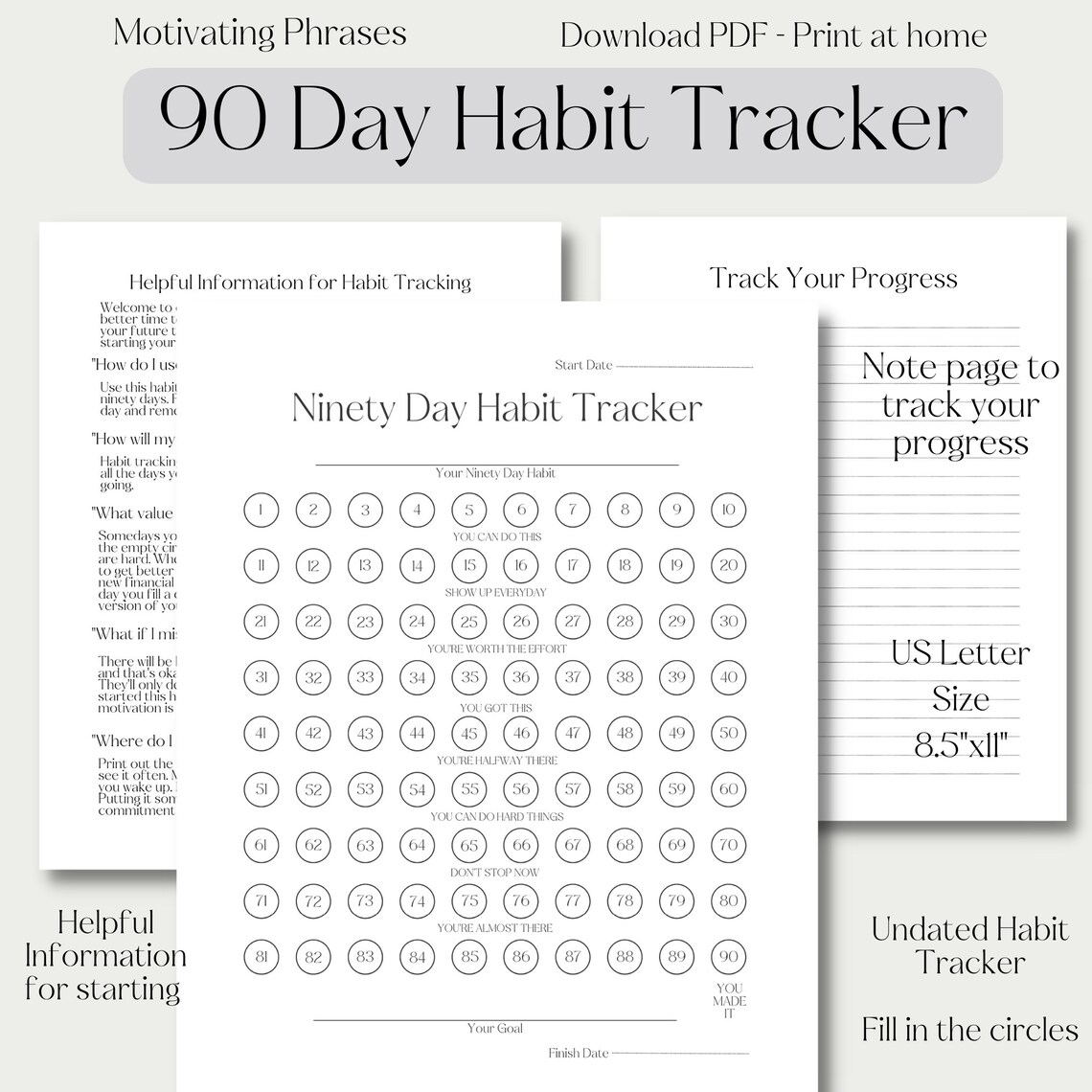 Ninety Day Undated Habit Tracker, Track Your Progress, Printable, Self ...