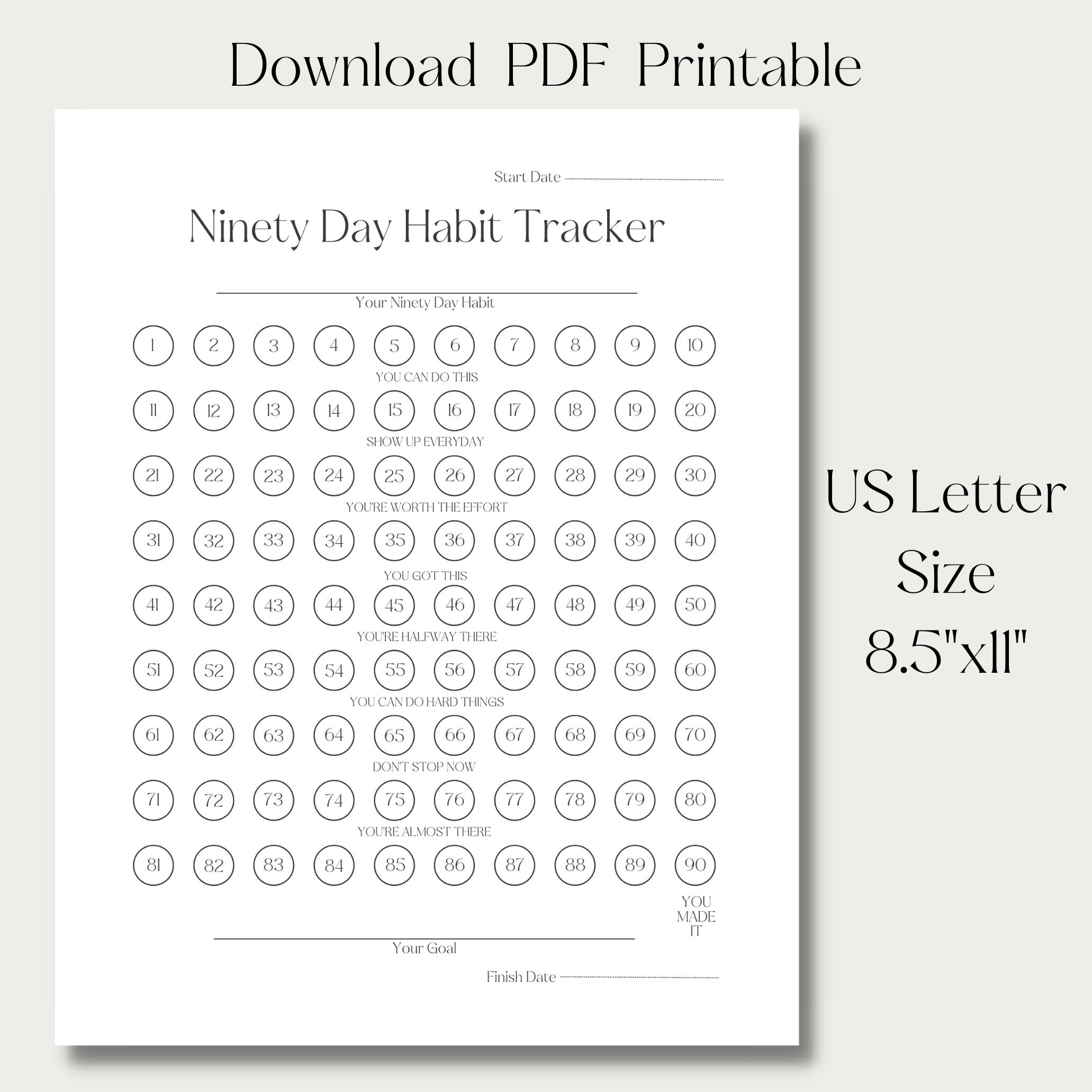 Ninety Day Undated Habit Tracker, Track Your Progress, Printable, Self ...