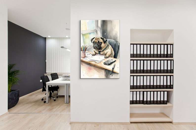 Cute Monday Vibes Pug at the Office Painting Canvas Wall Art Print ...