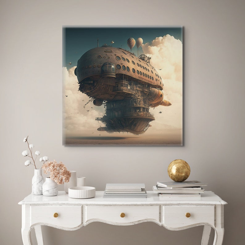 Steampunk Flying Airship Blimp Ready to Hang Square Canvas Wall Art ...
