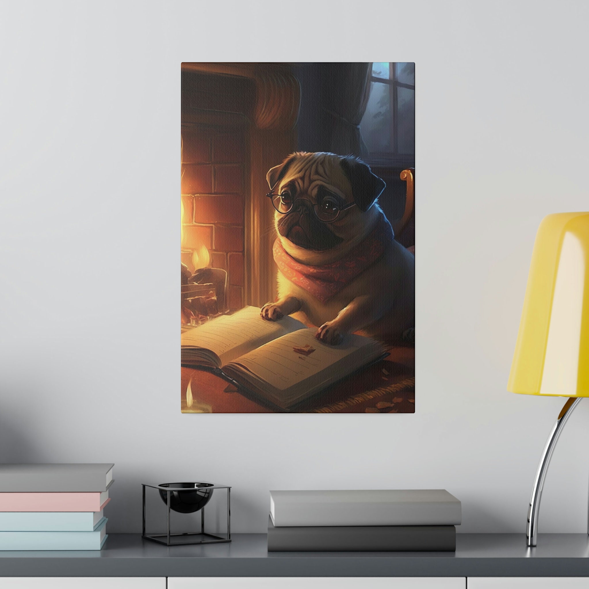 Cute Sweet Pet Pug Reading by Fireplace Picture Painting Canvas Wall ...