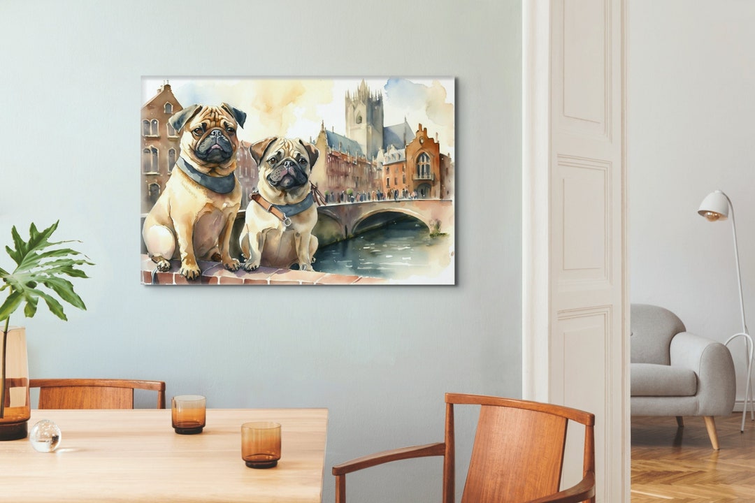 Cute Pug Couple Visiting and Exploring Bruges Belgium Europe Watercolor ...