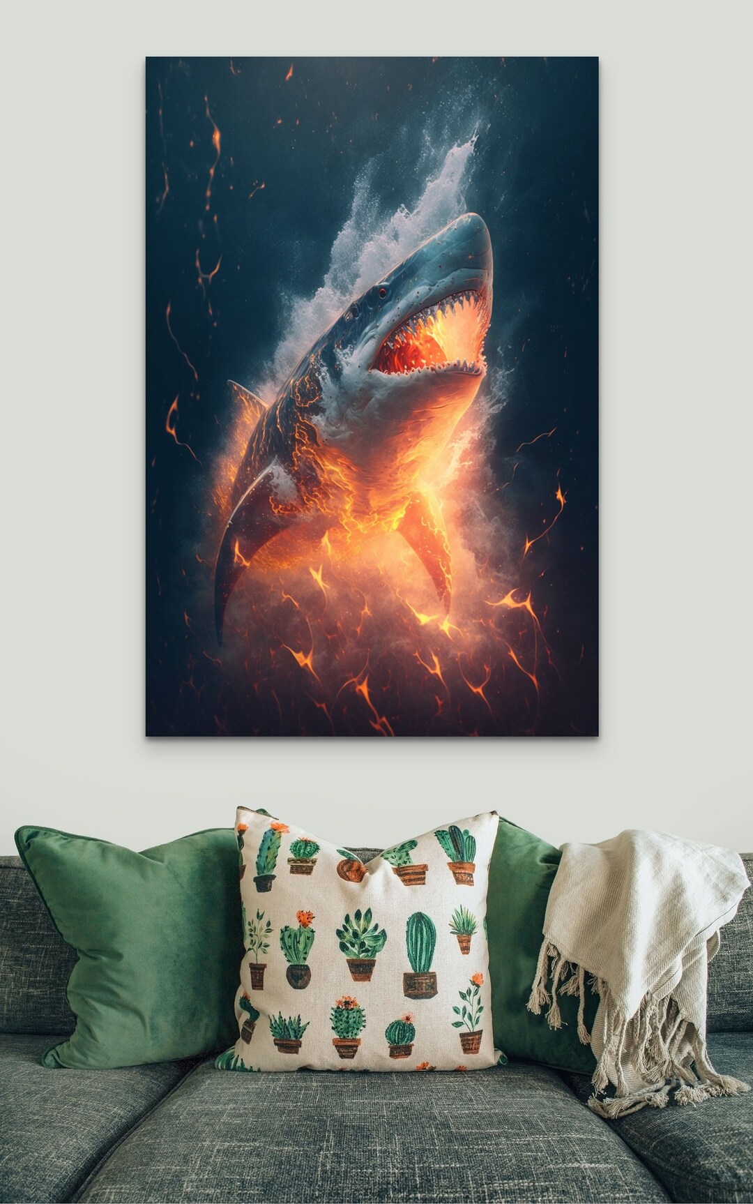 Epic Shark on Fire Man Cave Ready to Hang Canvas Print Art Abstract ...
