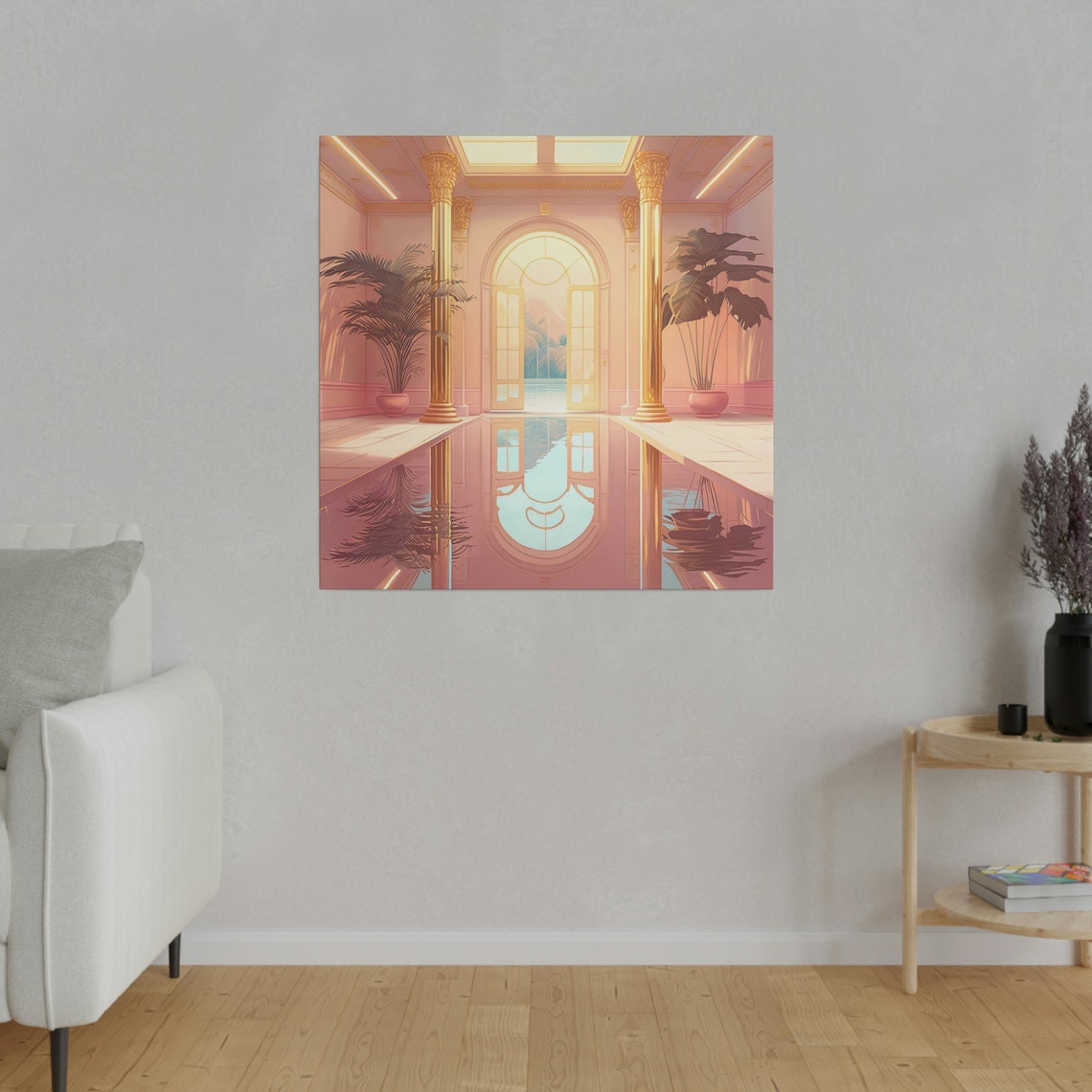 Indoor Liminal Space Pink Yellow Palm Trees Digital Oil Painting Canvas ...