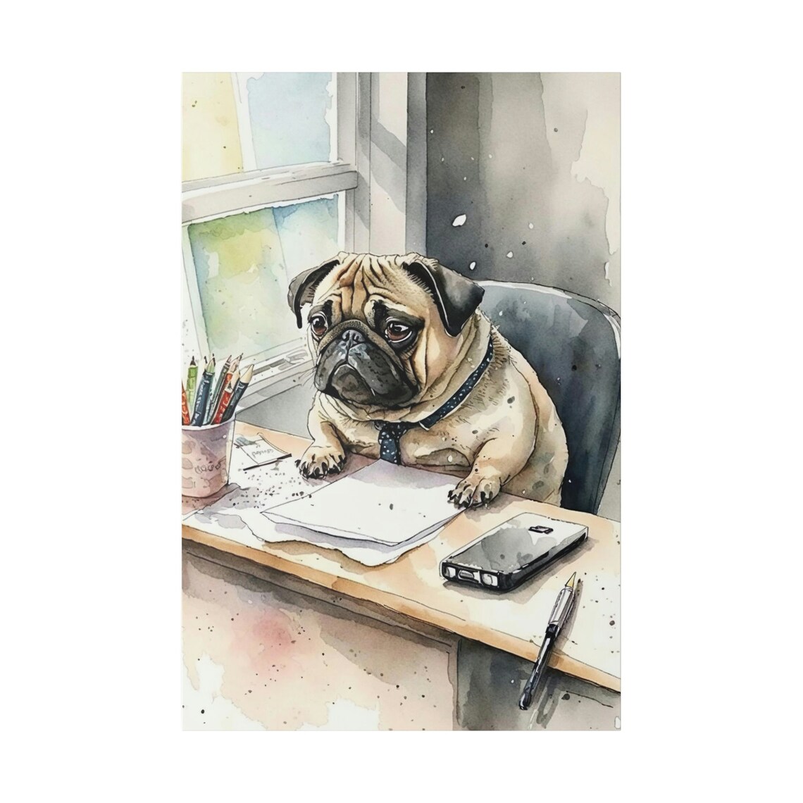 Cute Monday Vibes Pug at the Office Painting Canvas Wall Art Print ...