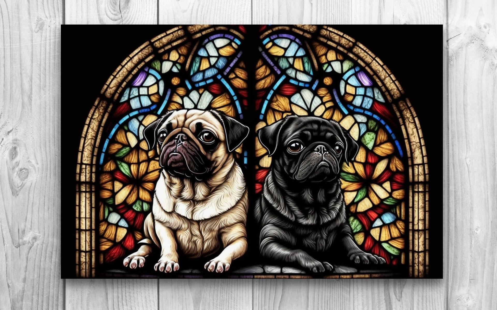 Adorable Church Style Stained Glass Pugs Mosaic Art Digital Image ...