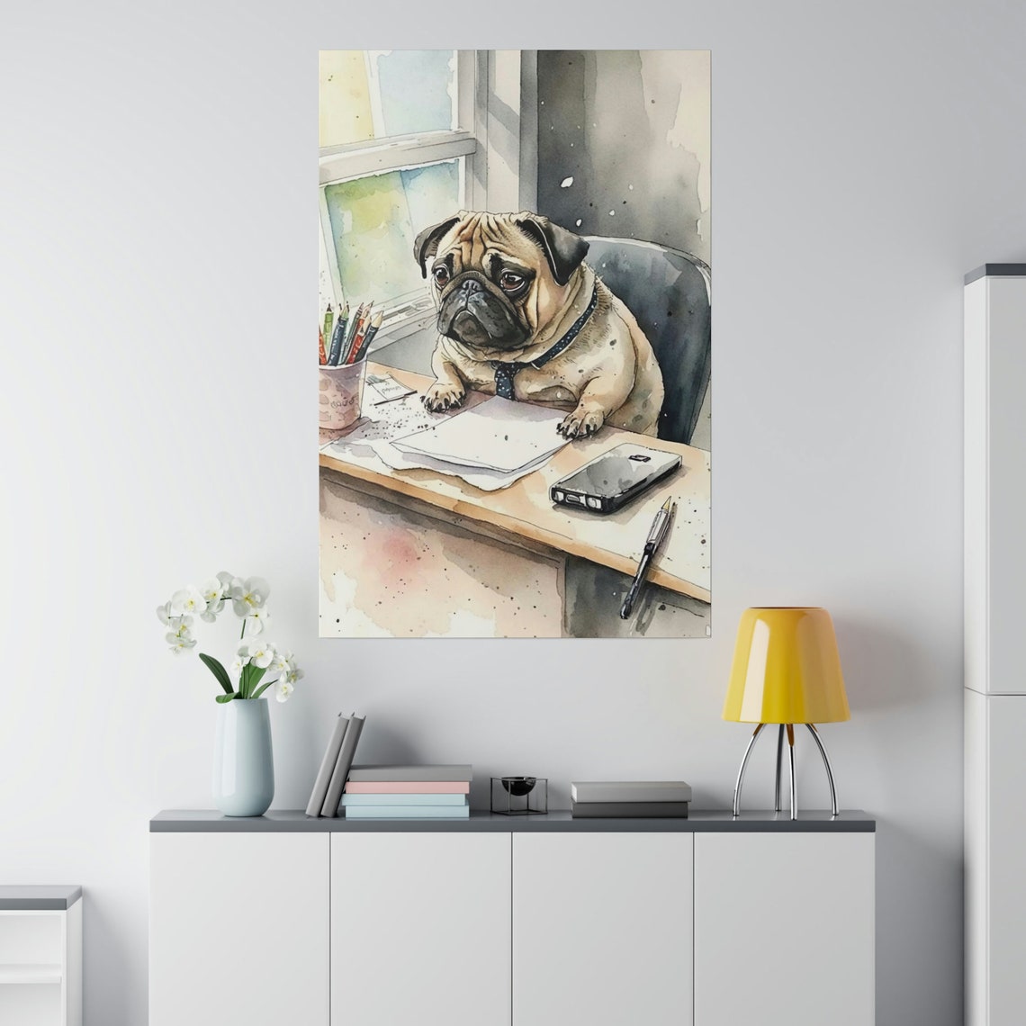 Cute Monday Vibes Pug at the Office Painting Canvas Wall Art Print ...