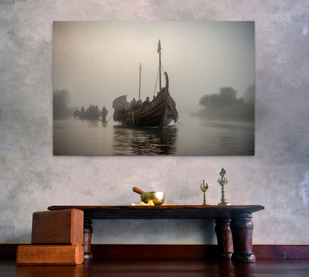 Viking Longboat on River Vikings Norse Modern Design Wall Art Digital ...