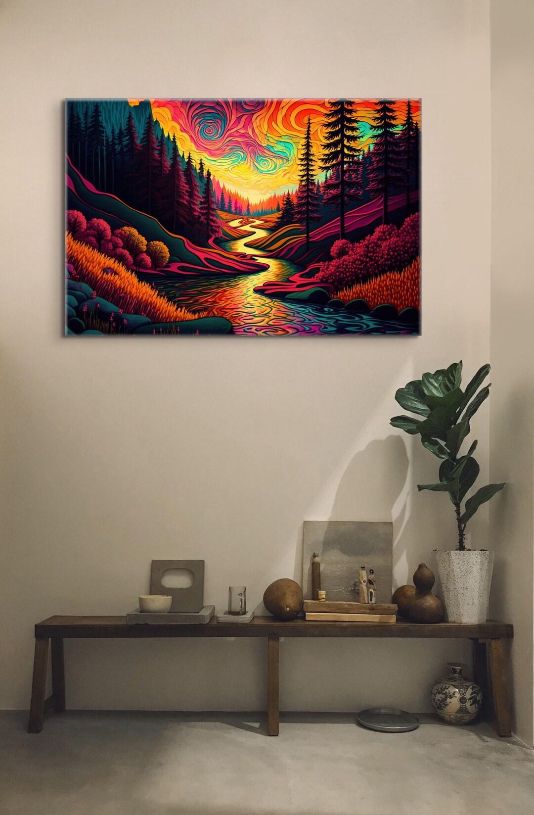 Trippy Psychedelic Nature River in Forest Print Painting Canvas Wall ...