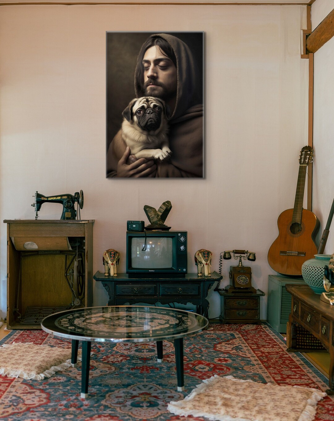 Jesus With a Pug Dog Digital Oil Painting Canvas Wall Art Print ...