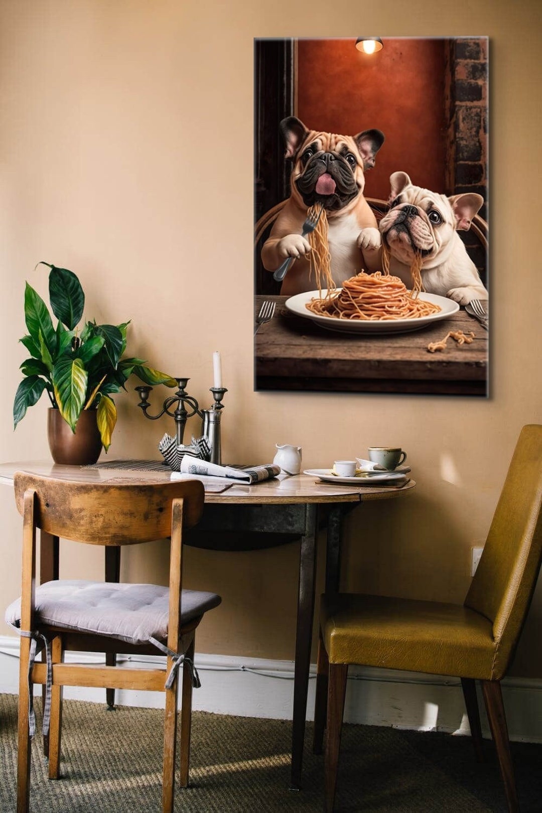 Cute Adorable Bulldogs on a Date Eating Spaghetti Picture Painting ...