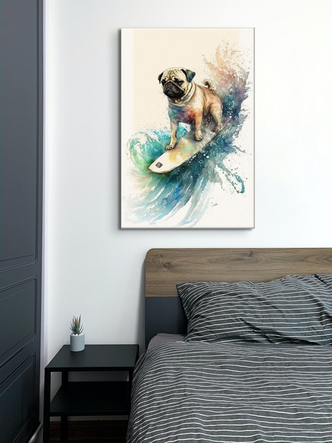 Cute Surfing Pug Surf Painting Tropical Canvas Wall Art Print ...