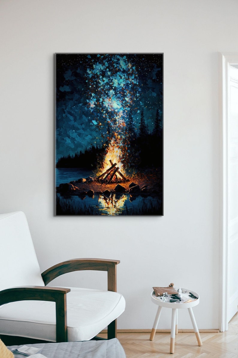 Campfire on A Starry Night Cozy Digital Oil Painting Canvas Wall Art ...