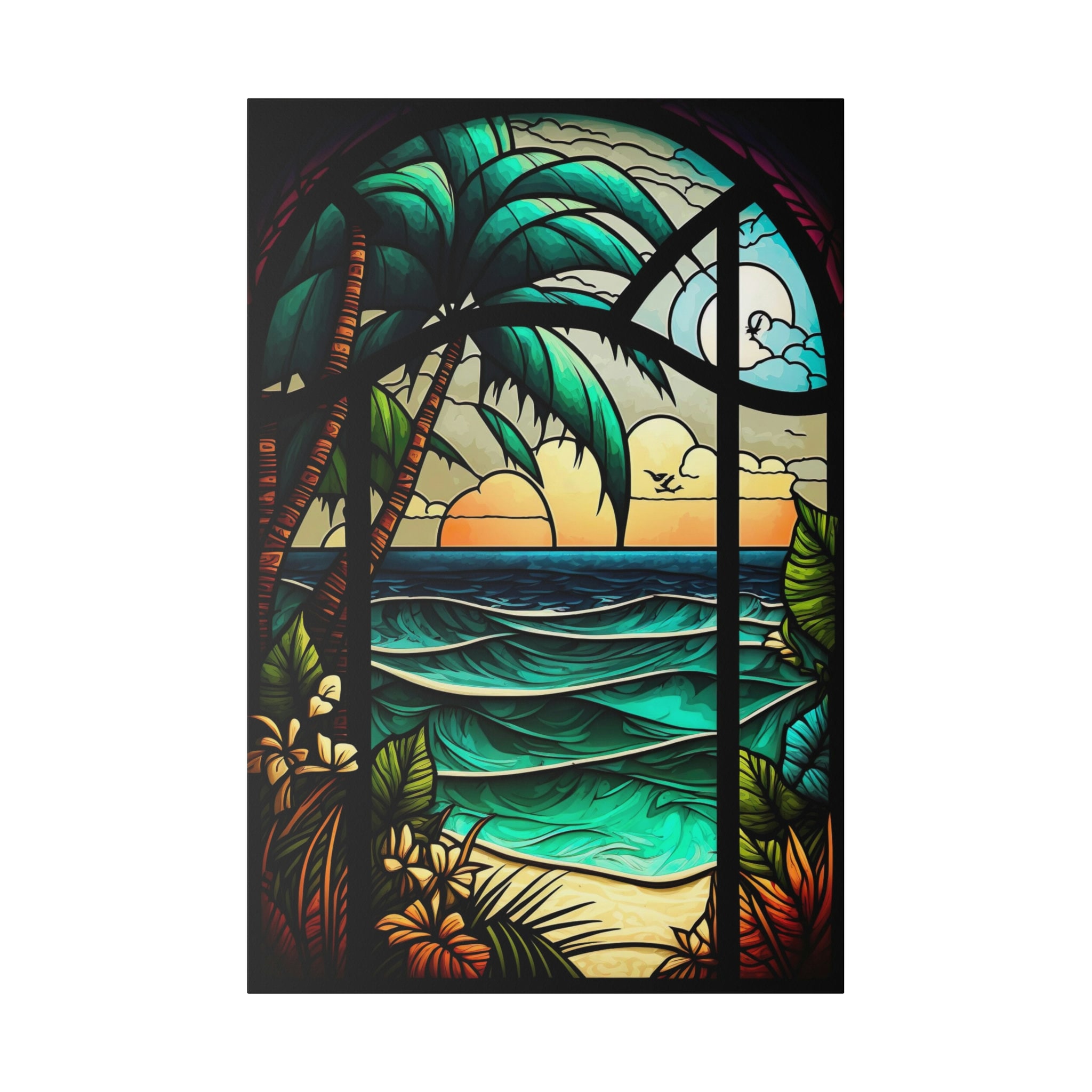 Tropical Palm Tree Beach Scene Stained Glass Style Digitial Wall Art ...