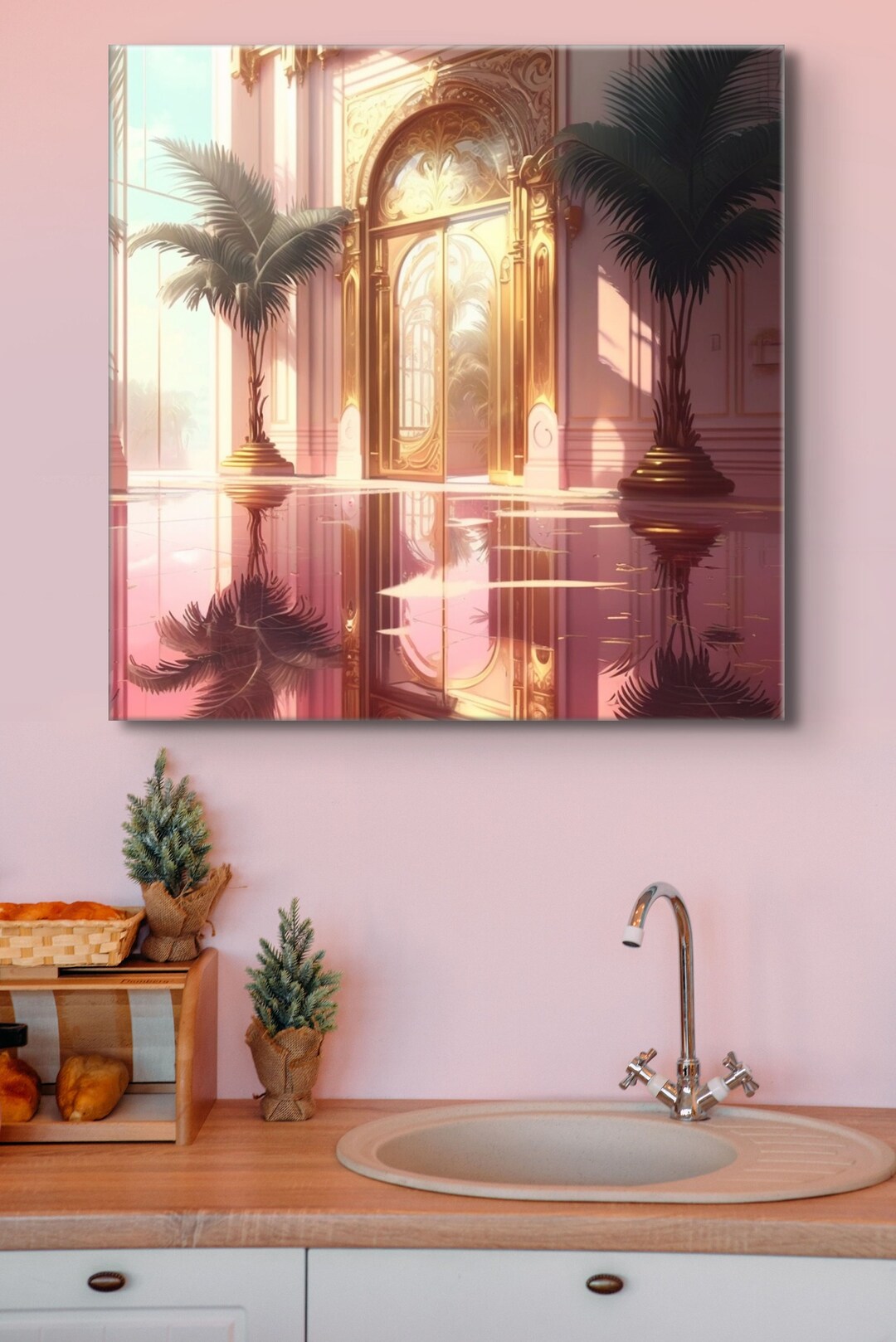 Pink Liminal Space Palm Tree Gates Groovy Digital Oil Painting Canvas ...