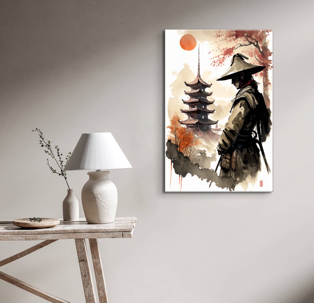 Stoic Japanese Samurai Warrior Watercolor Painting Canvas Pagoda Wall ...