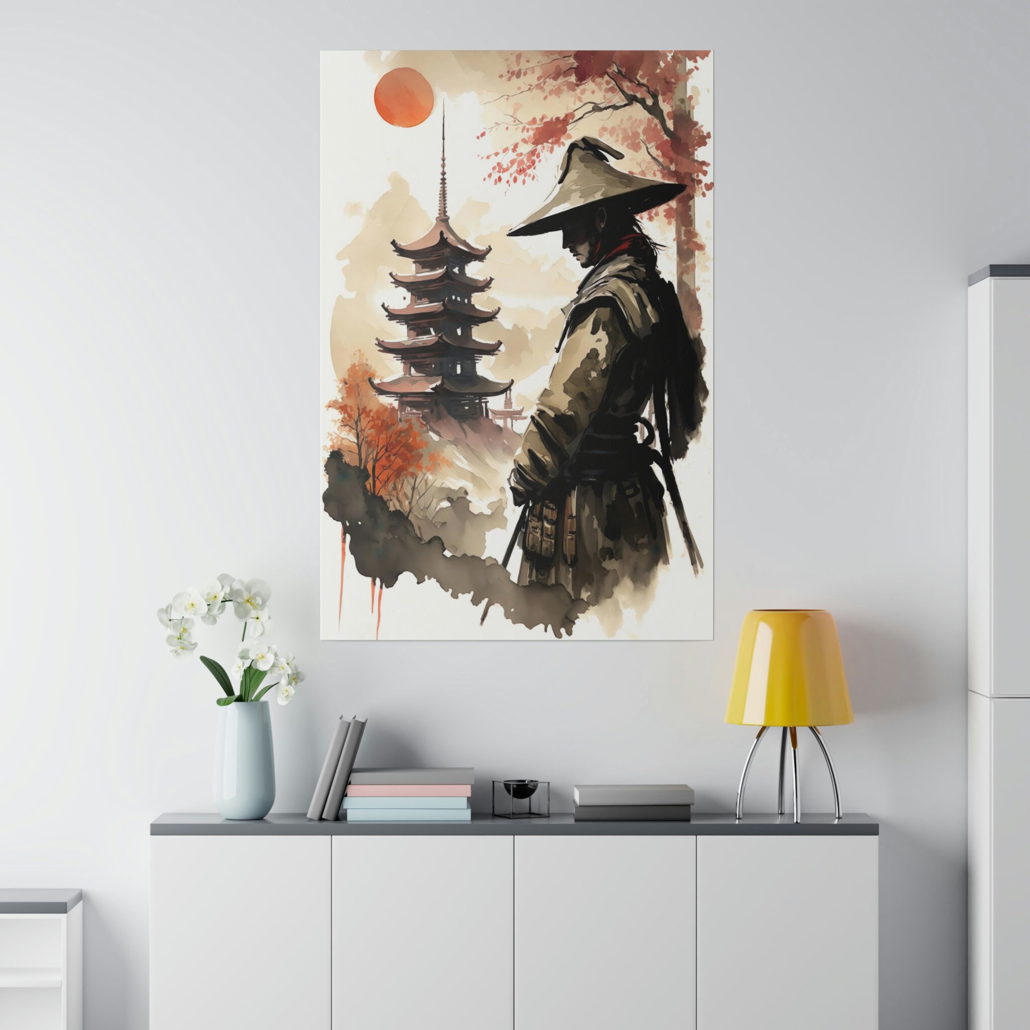 Stoic Japanese Samurai Warrior Watercolor Painting Canvas Pagoda Wall ...
