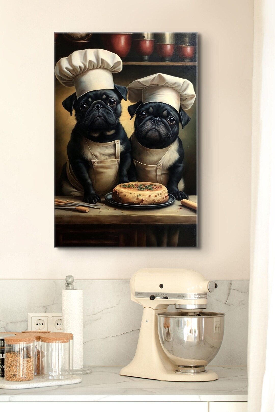 Black Pugs Cooking Baking Food Dinner Kitchen Oil Painting Canvas Wall ...