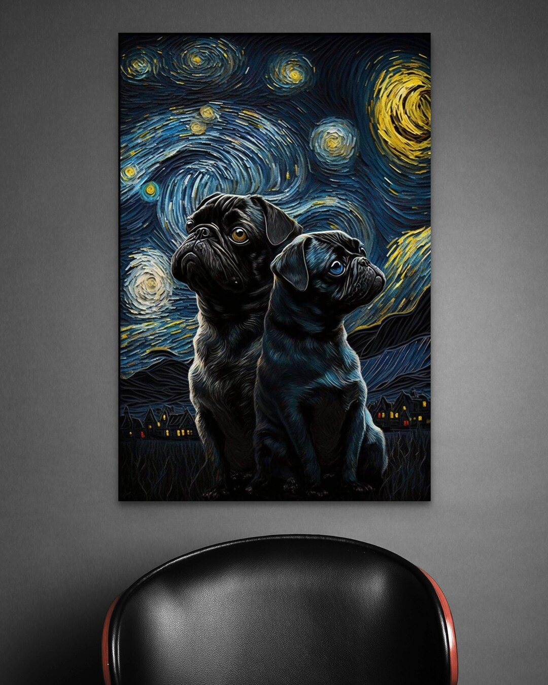 Starry Night Black Pugs by Van Gogh Cute Home Decor Pug Lover - Etsy