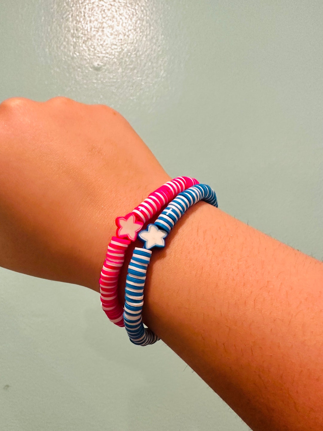 Pink and Blue Stars Bracelet Set | Clay Bead Bracelet | Set of Two ...