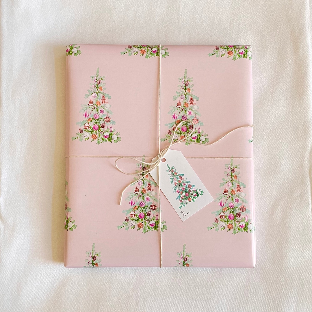 Pink Christmas Tree Wrapping Paper, Gingerbread and Ornaments ...