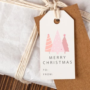Printable Christmas Gift Tags, Pink Christmas Tree Gift Tags, Holiday ...