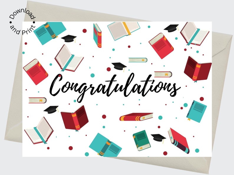 Printable Graduation Congratulations Card: Books & Caps (instant ...