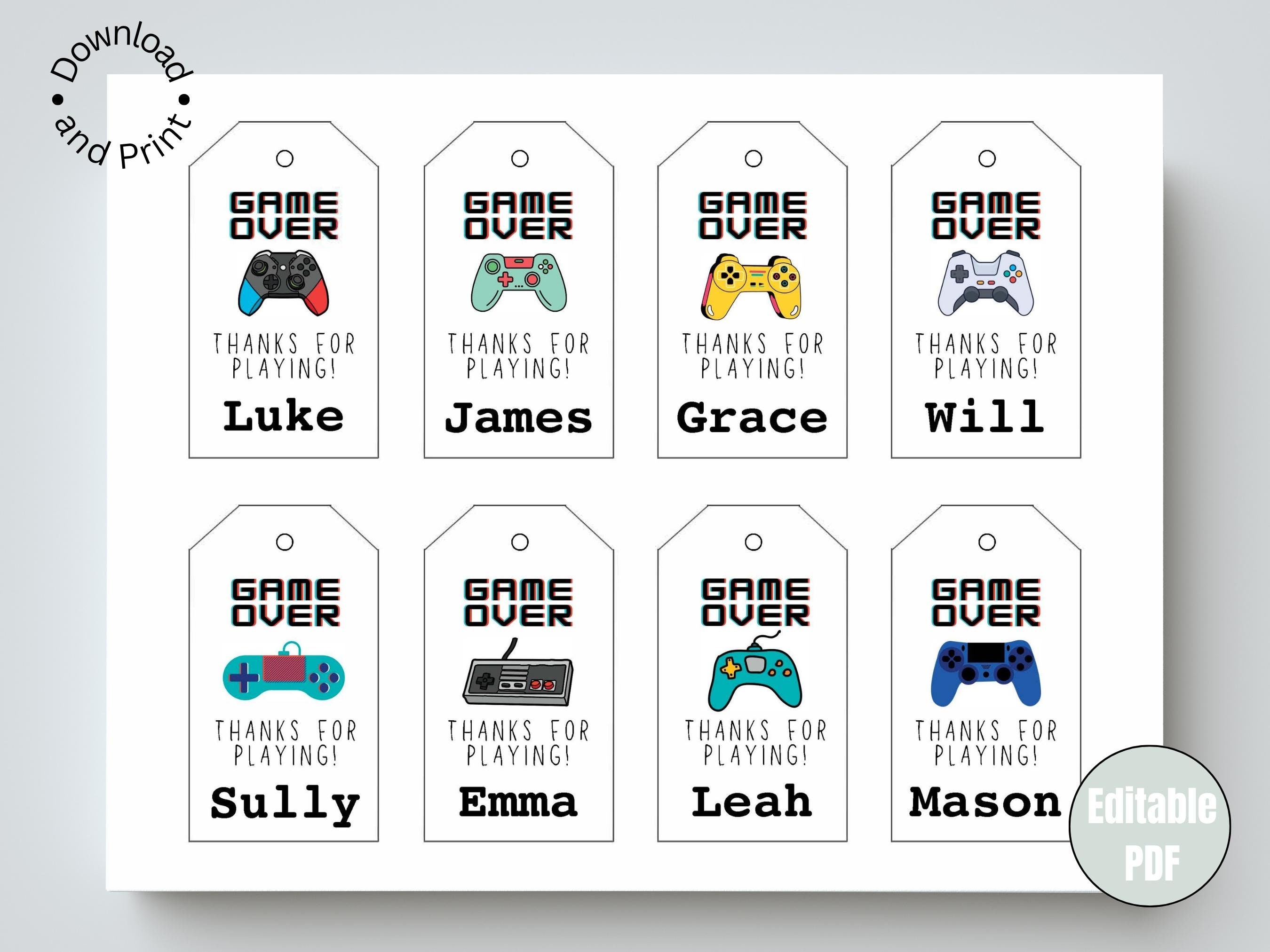 Printable and Editable Gamer Birthday Favor Tags, Custom Name Game Over ...