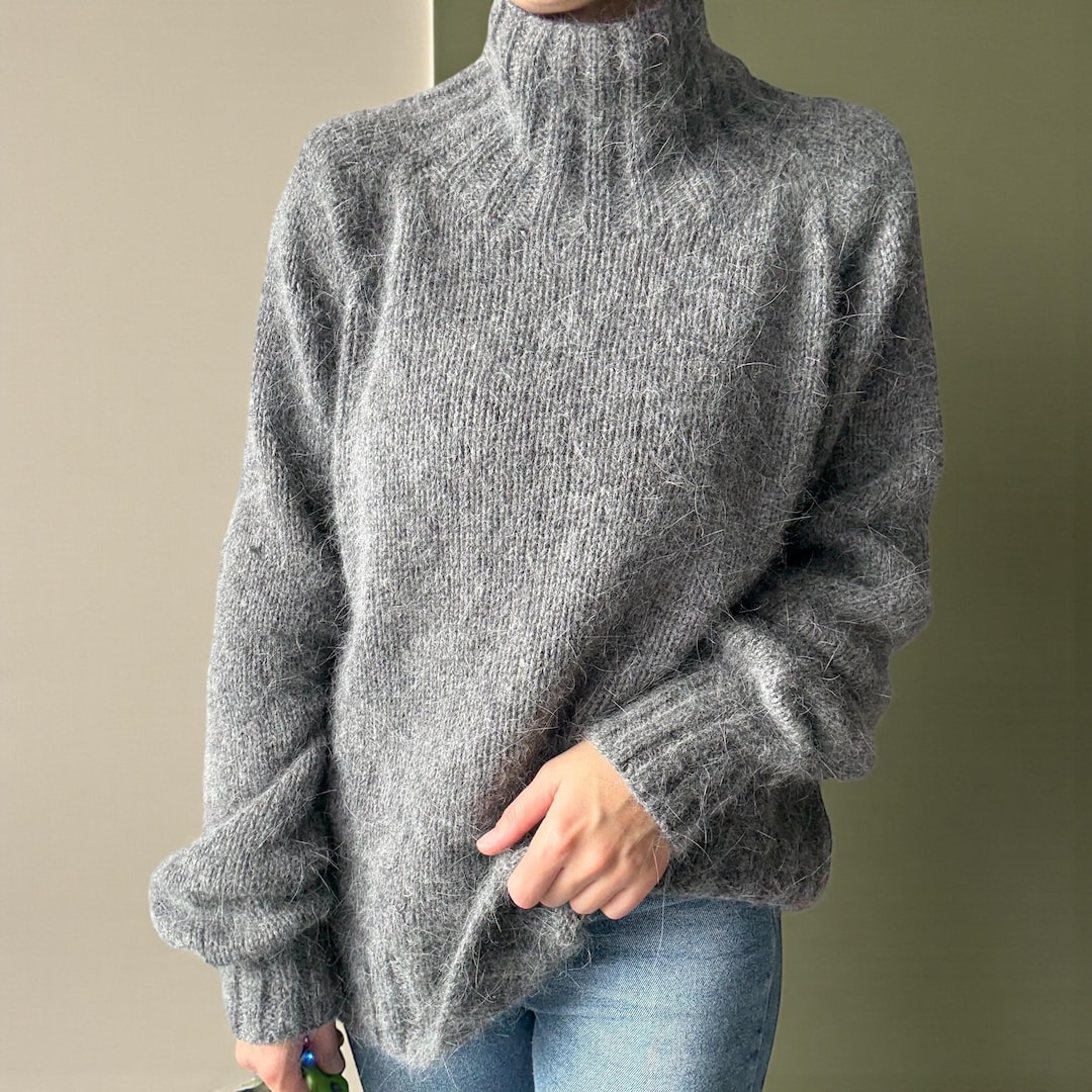 Gray Men's Angora Sweater | Hand Knit Turtleneck Pullover | Soft Wool ...