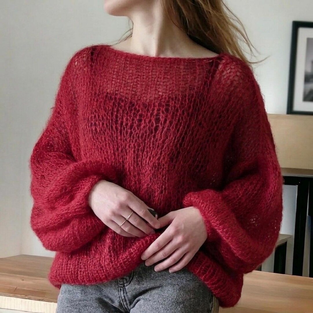Red Hand-knitted Mohair Sweater | Custom Made to Your Measurements Airy ...